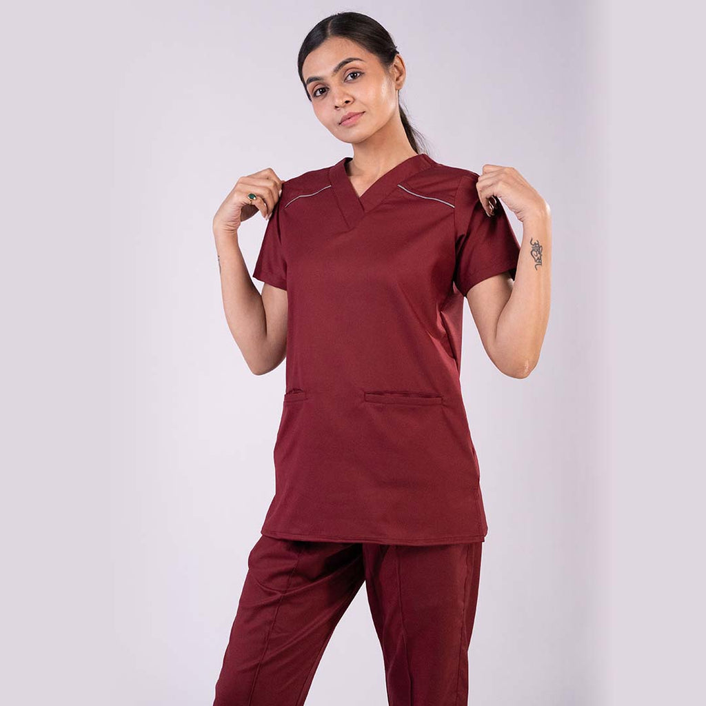 Pro-fit Maroon Vneck Women scrubs – MedTogs Healthcare Apparel LLP