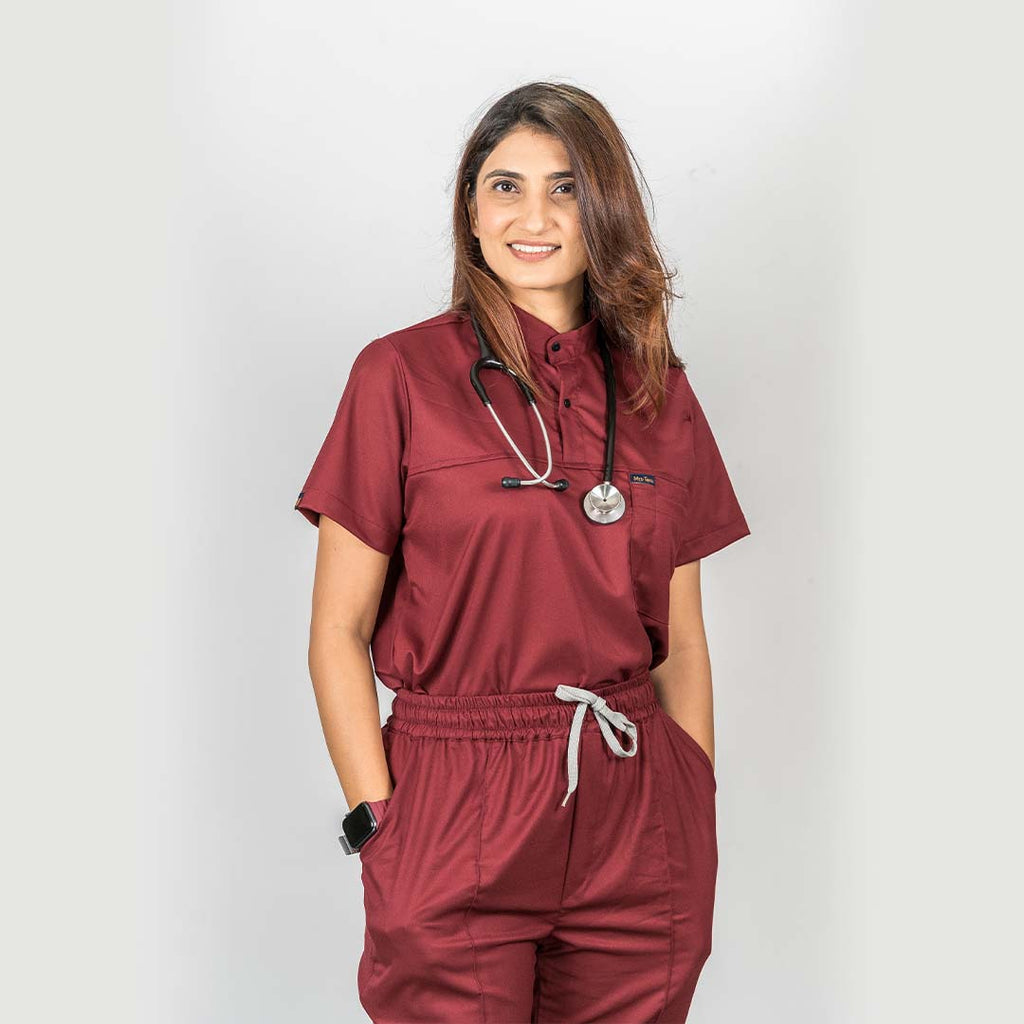 Pro-fit High neck deep red scrubs – Med Togs Healthcare Apparels