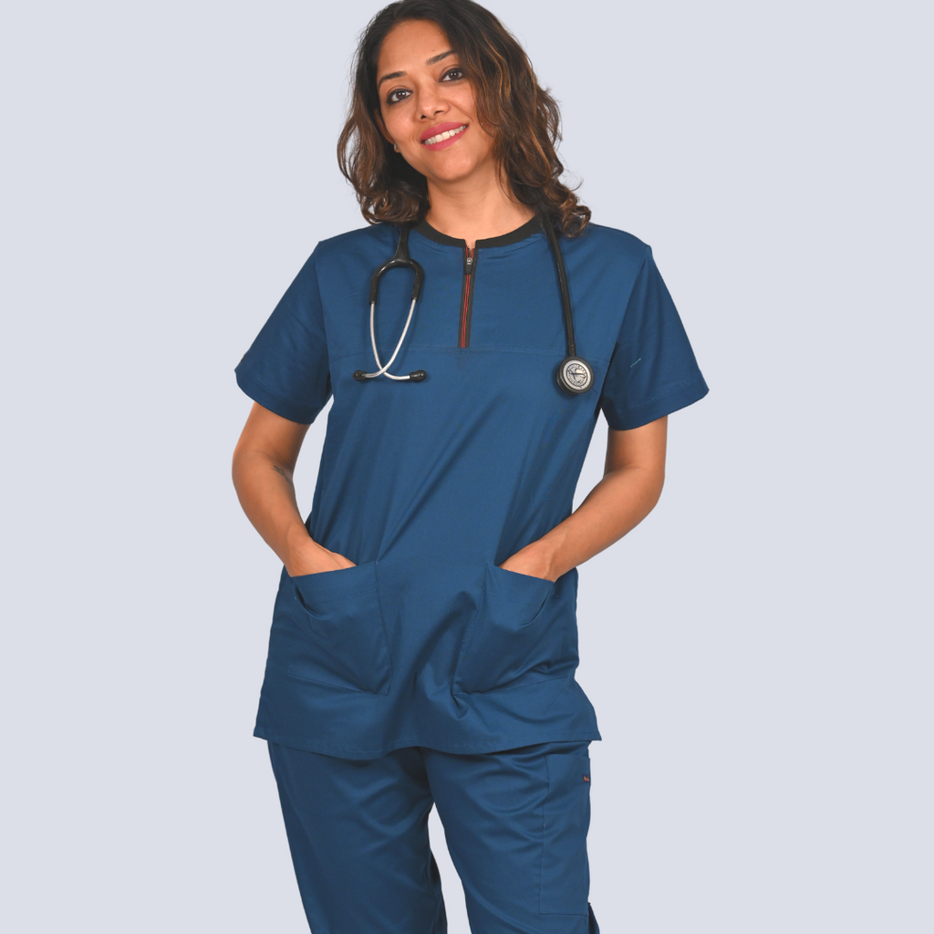 Teal blue zip neck women hospital scrubs – MedTogs Healthcare Apparel LLP